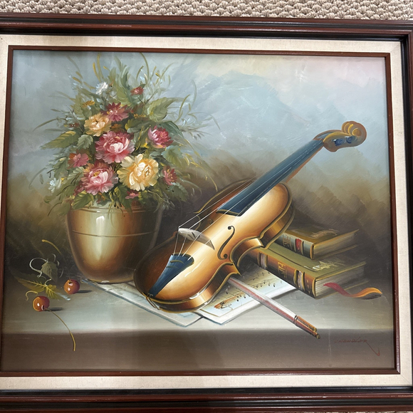 Art | Chandler Still Life Oil Painting Violin Books Floral Arrangement ...